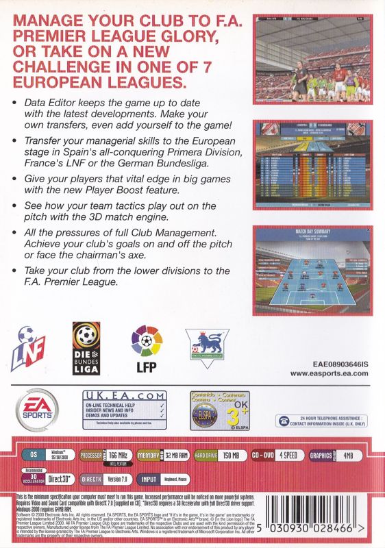 The F.A. Premier League Football Manager 2001 cover or packaging ...