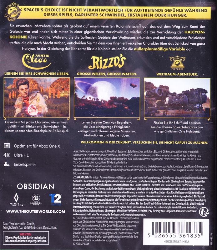 The Outer Worlds cover or packaging material - MobyGames