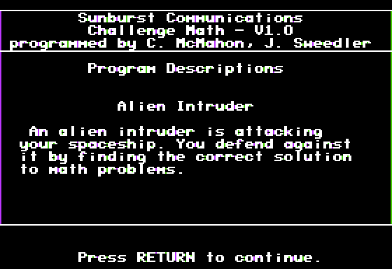 Screenshot of Challenge Math (Apple II, 1982) - MobyGames