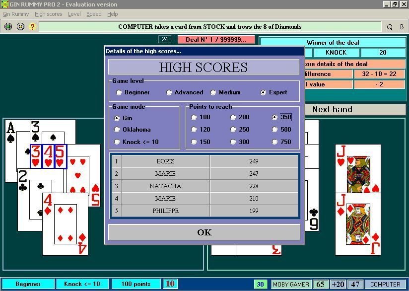Screenshot of Gin Rummy Pro 2 (Windows, 1999) - MobyGames