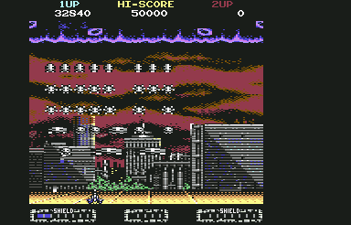 Screenshot of Taito's Super Space Invaders (Commodore 64, 1990) - MobyGames