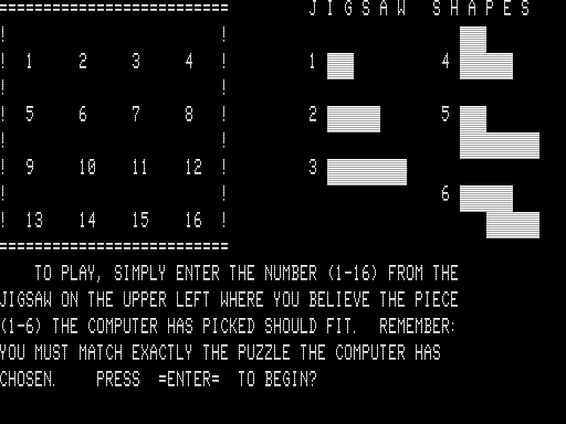 Screenshot of Jigsaw (TRS-80, 1979) - MobyGames