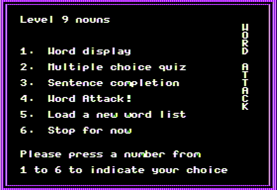 Screenshot of Word Attack! (Apple II, 1983) - MobyGames