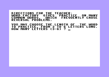 Screenshot of Word Factory (Commodore 64, 1983) - MobyGames