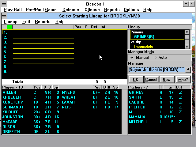 Screenshot of APBA presents: Baseball for Windows (Windows 3.x, 1995 ...