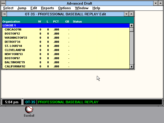 Screenshot of APBA presents: Baseball for Windows (Windows 3.x, 1995) - MobyGames