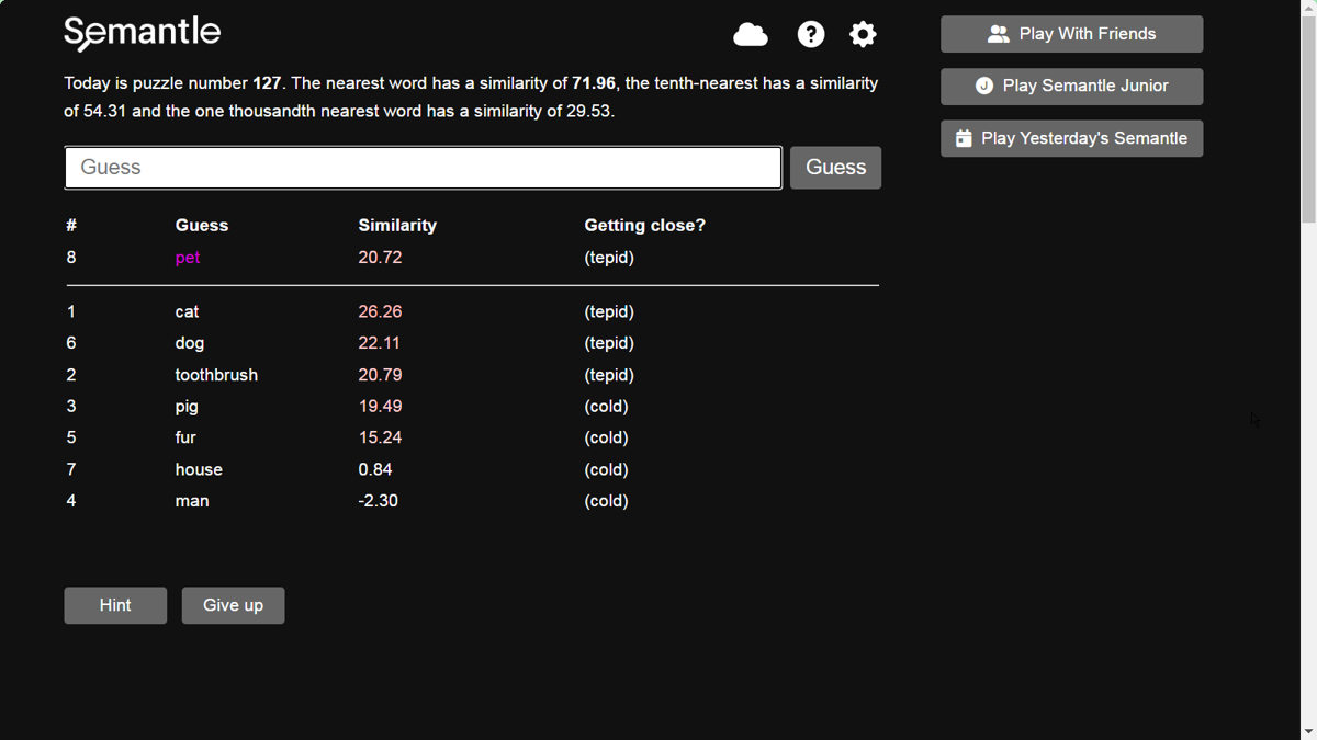 Screenshot of Semantle (Browser, 2022) - MobyGames