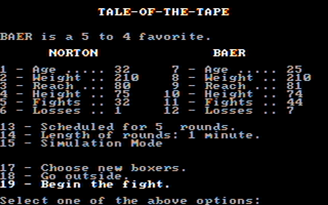 Screenshot of Sierra Championship Boxing (PC Booter, 1985) - MobyGames