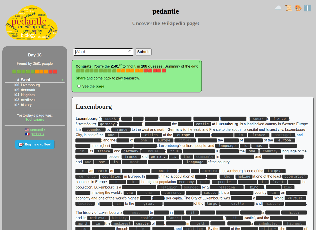 Screenshot of Pedantle (Browser, 2022) - MobyGames
