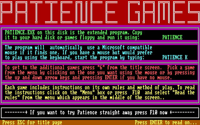 Screenshot of Patience Games (DOS, 1992) - MobyGames