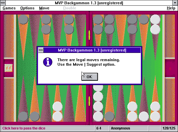 Screenshot of MVP Backgammon (Windows 3.x, 1996) - MobyGames