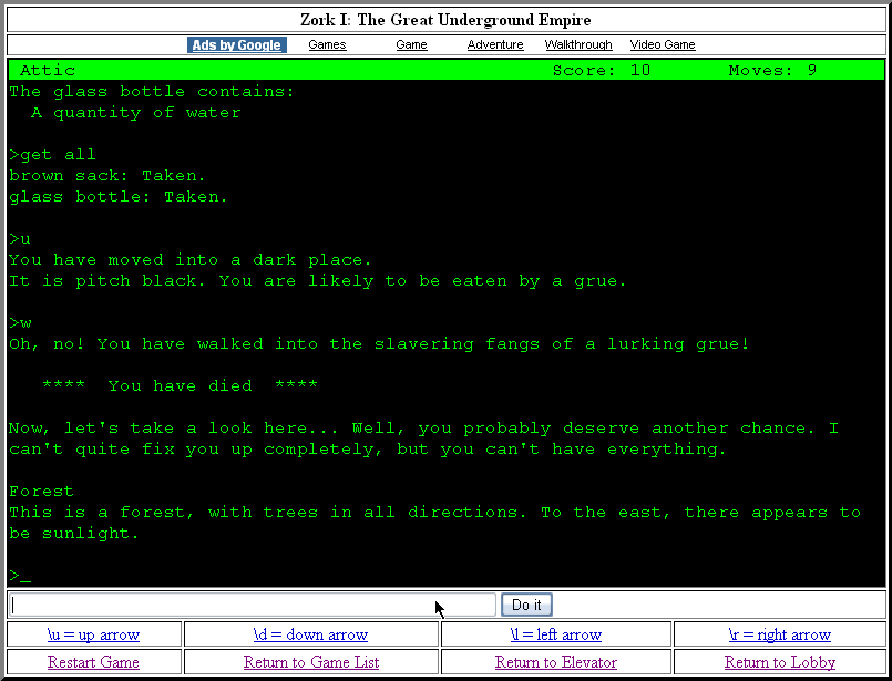 Screenshot of Zork: The Great Underground Empire (Browser, 1980 ...