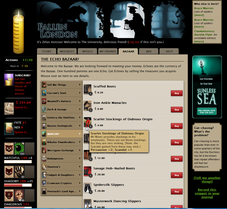 Screenshot of Fallen London (Browser, 2009) - MobyGames