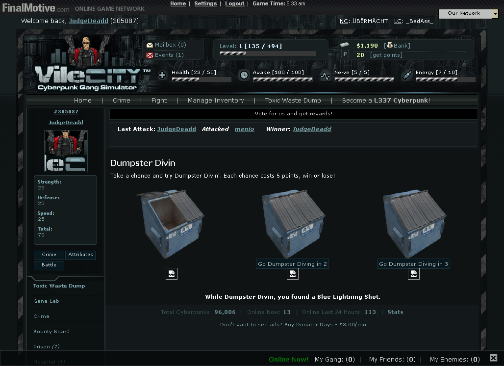 Screenshot of Vile City: Cyberpunk Gang Simulator (Browser, 2006 ...