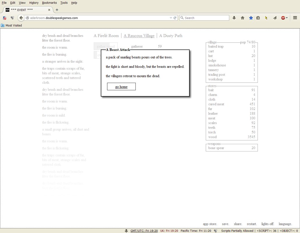 Screenshot of A Dark Room (Browser, 2013) - MobyGames