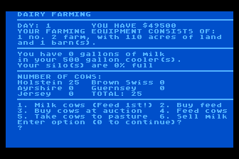Screenshot of Dairy Farming (Atari 8-bit, 1981) - MobyGames
