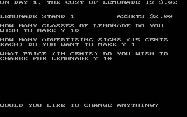 Screenshot of Lemonade Stand (DOS, 1979) - MobyGames