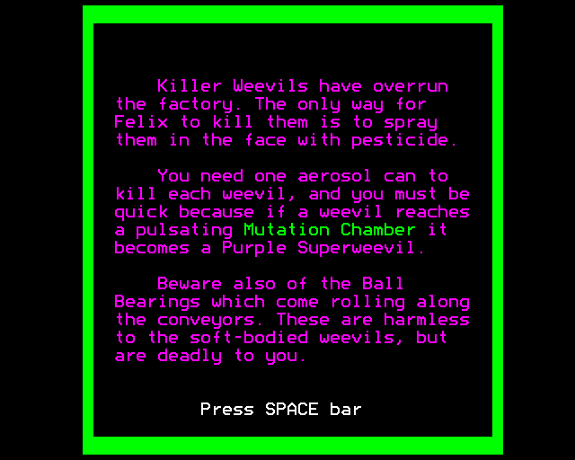 Screenshot of Felix Meets the Evil Weevils (BBC Micro, 1984) - MobyGames