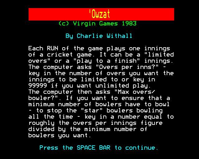 'Owzat (1983) - MobyGames