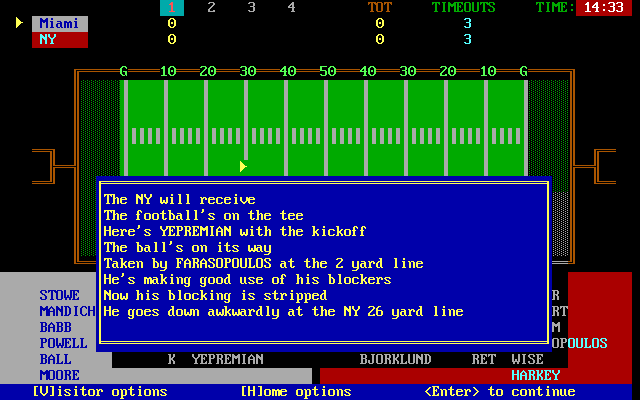 Screenshot of APBA Pro League Football (DOS, 1989) - MobyGames