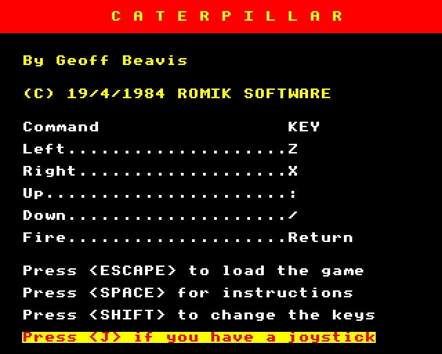 Screenshot of Caterpillar (BBC Micro, 1983) - MobyGames