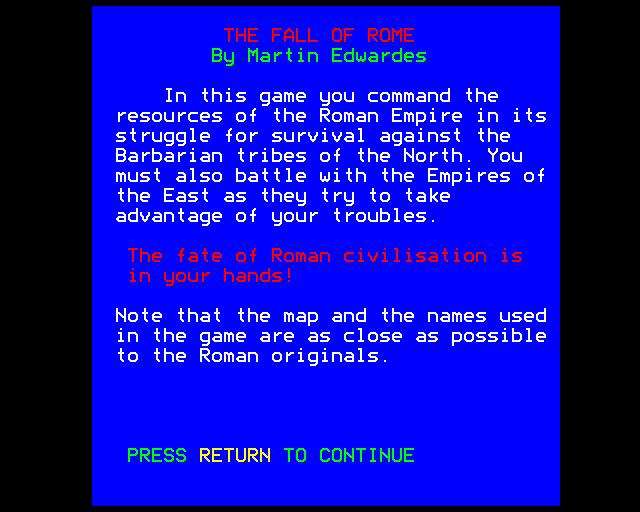 Screenshot of The Fall of Rome (BBC Micro, 1983) - MobyGames