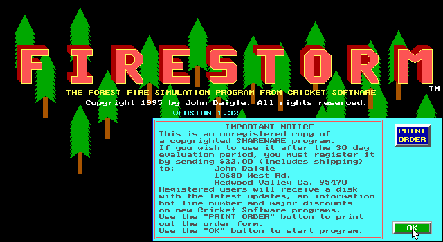 Screenshot of Firestorm: The Forest Fire Simulation Program (DOS, 1995 ...