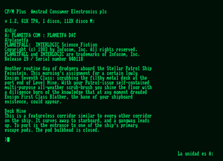 Screenshot of Planetfall (Amstrad PCW, 1983) - MobyGames