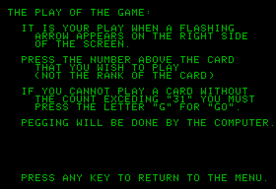 Screenshot of Hi-Res Cribbage (Apple II, 1980) - MobyGames