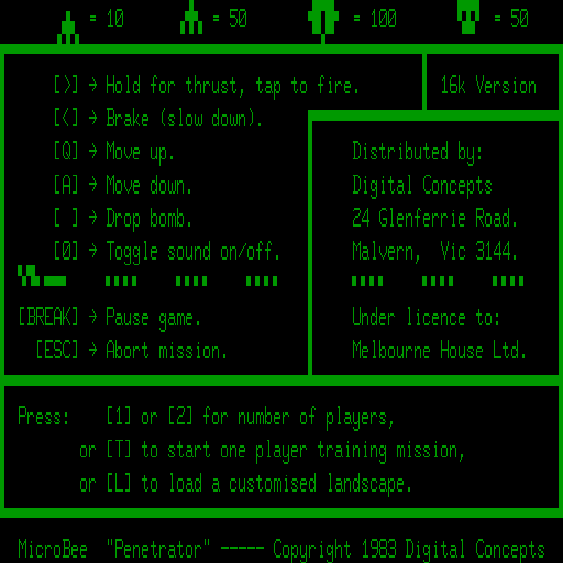 Screenshot of Penetrator (Microbee, 1982) - MobyGames