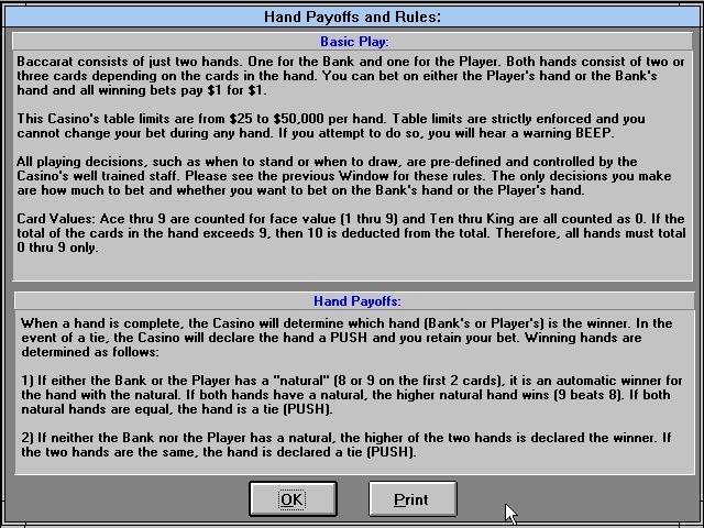 Screenshot of Baccarat for Windows (Windows 3.x, 1995) - MobyGames