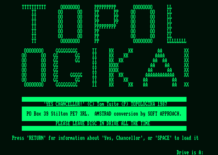 Screenshot of Yes Chancellor! (Amstrad PCW, 1985) - MobyGames