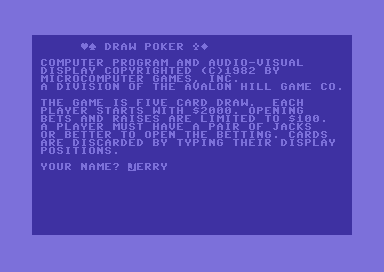 Screenshot of Draw Poker (Commodore 64, 1981) - MobyGames