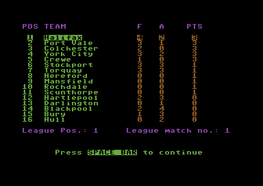 Screenshot of Football Manager (Commodore 64, 1982) - MobyGames