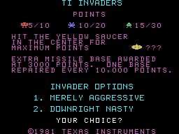 Screenshot of TI Invaders (TI-99/4A, 1981) - MobyGames