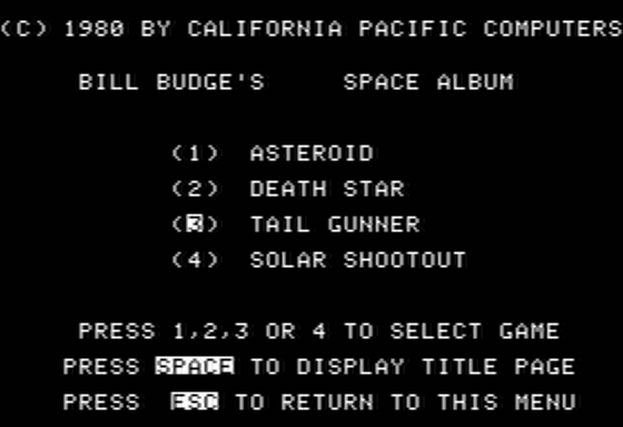 Screenshot of Bill Budge's Space Album (Apple II, 1980) - MobyGames