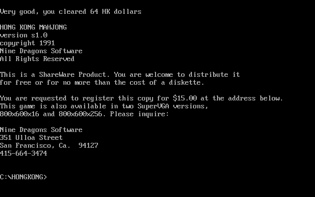 Screenshot of Hong Kong Mahjong (DOS, 1991) - MobyGames