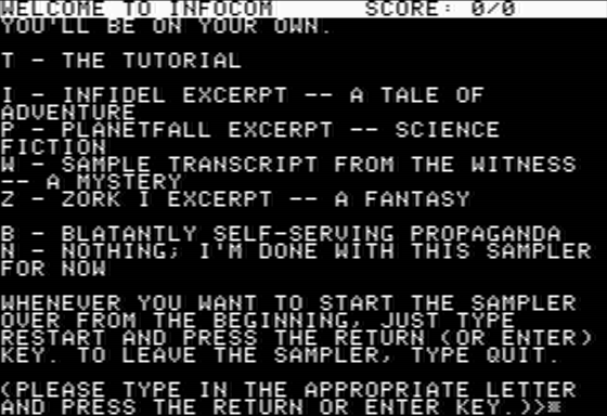 Screenshot of The Four-in-One Infocom Sampler (Apple II, 1984) - MobyGames