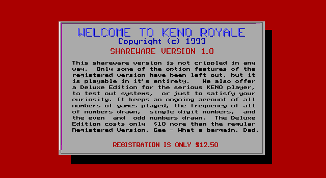 Screenshot of Keno Royale (DOS, 1993) - MobyGames