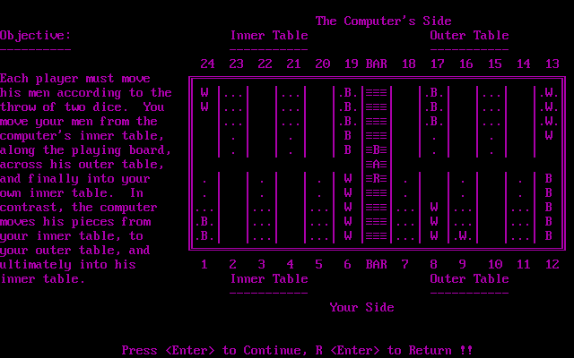 Screenshot of Backgammon (DOS, 1985) - MobyGames