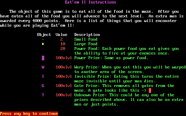 Screenshot of Eat'em II (DOS, 1988) - MobyGames