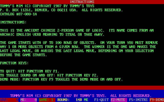 Screenshot of Tommy's Nim (DOS, 1987) - MobyGames