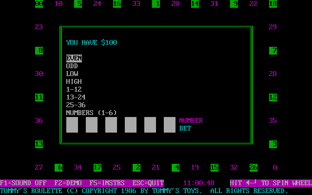 Screenshot of Tommy's Roulette (DOS, 1986) - MobyGames