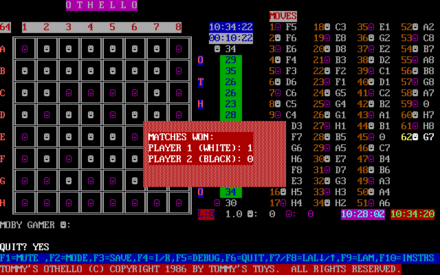Screenshot of Tommy's Othello (DOS, 1986) - MobyGames