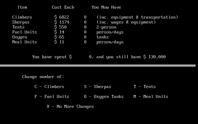Screenshot of Everest Explorer (DOS, 1980) - MobyGames