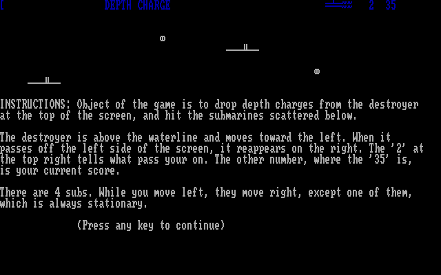 Screenshot of Depth Charge (DOS, 1982) - MobyGames
